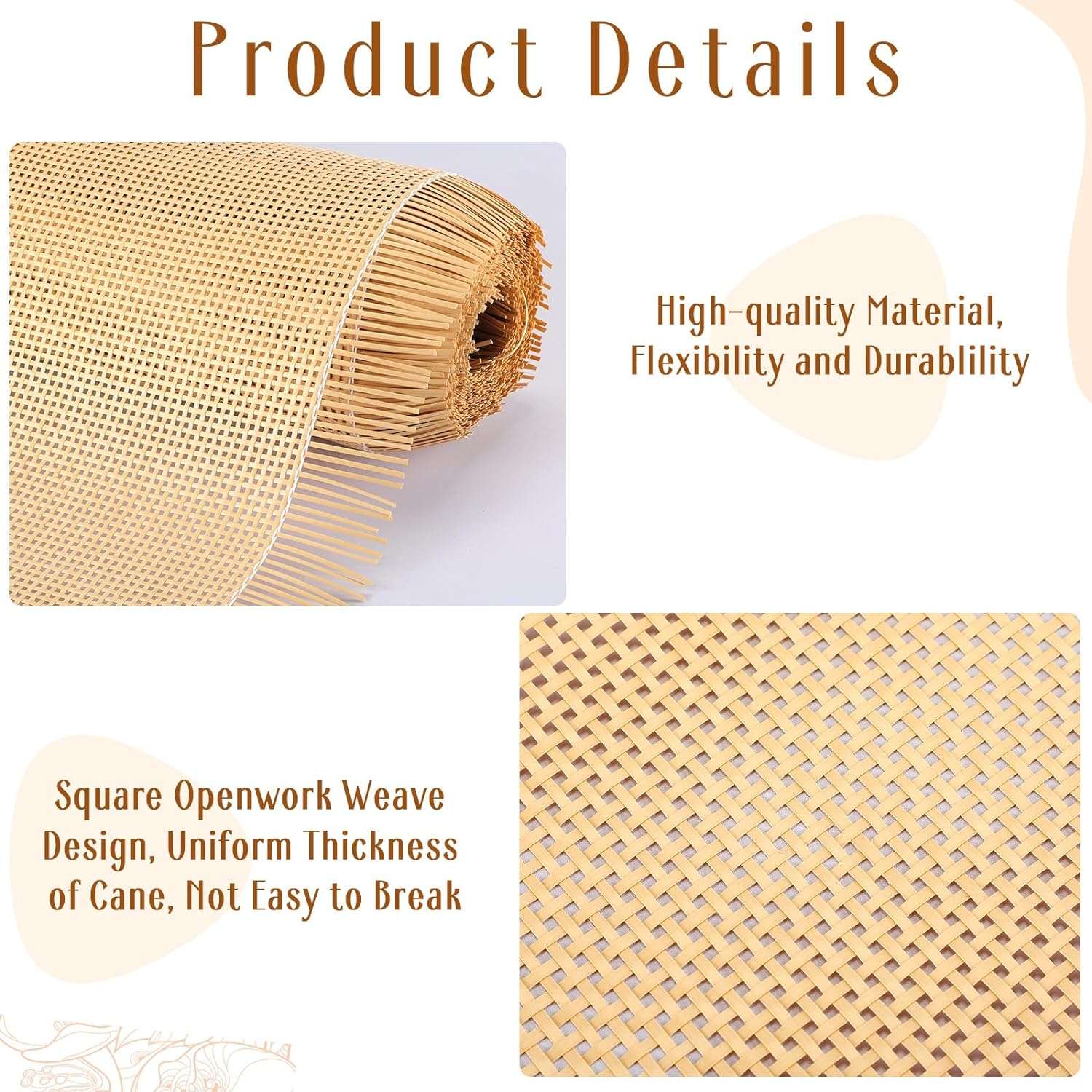 24" x 49 ft Width Square Cane Webbing, Rattan Cane Webbing